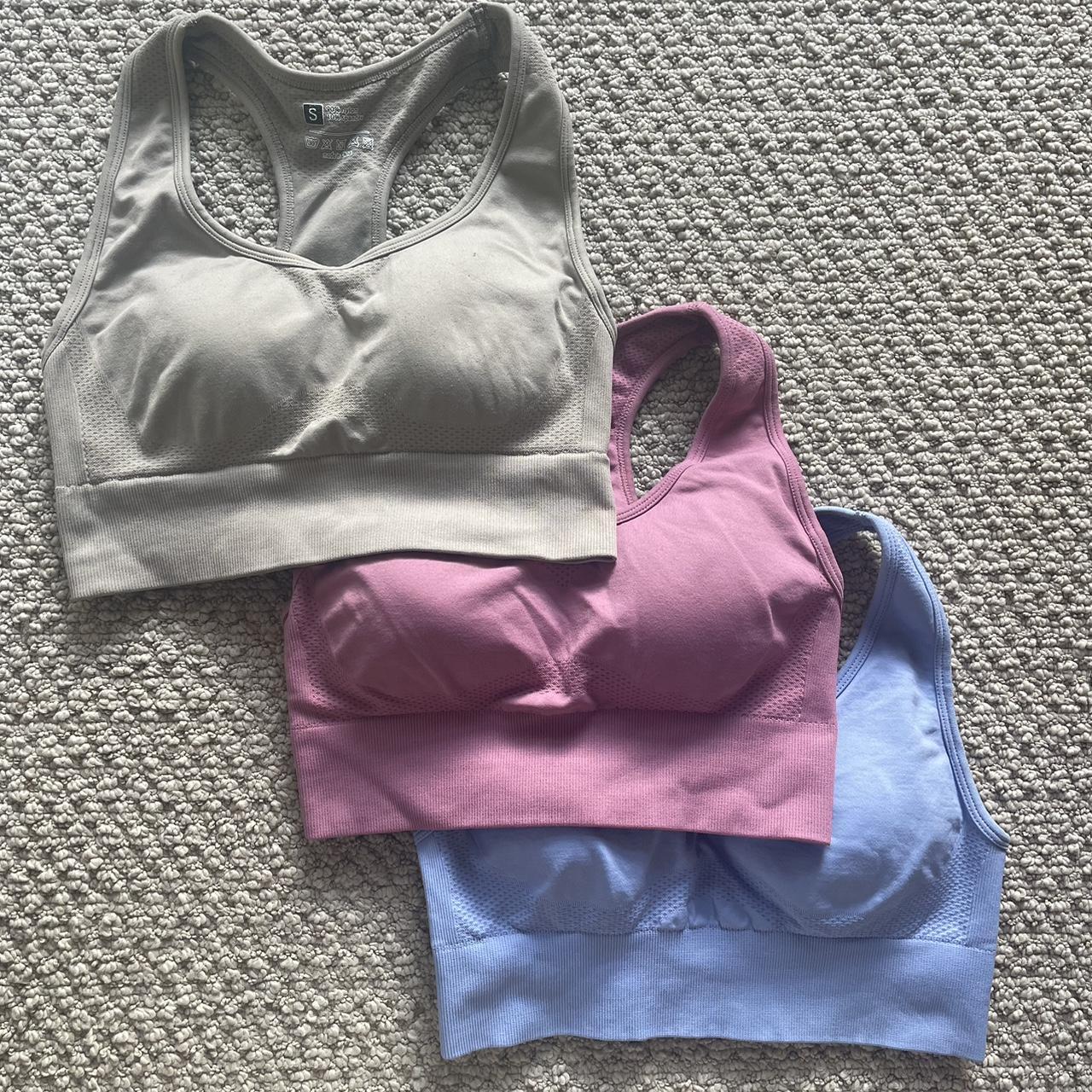 set of 3 together blue pink and tan sports bra with... - Depop