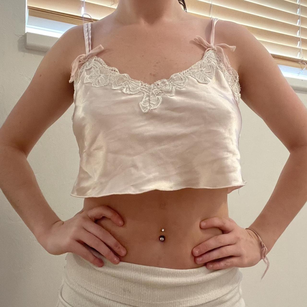 Women’s pink silk tank top with white lace trim and... - Depop