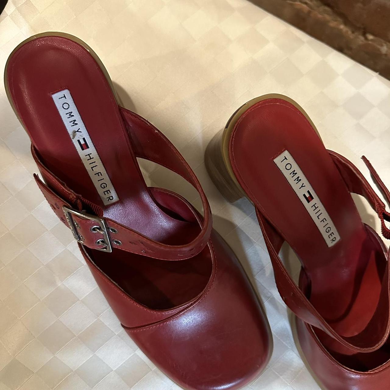 TOMMY HILFIGER - Red Leather Mule Pumps with Buckle.... - Depop