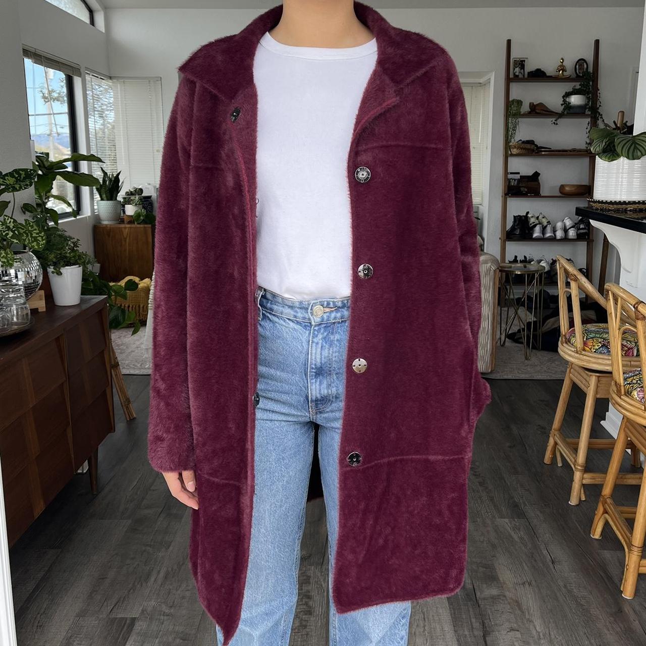 Long Burgundy Fuzzy Button Up Cardigan with Pockets... - Depop