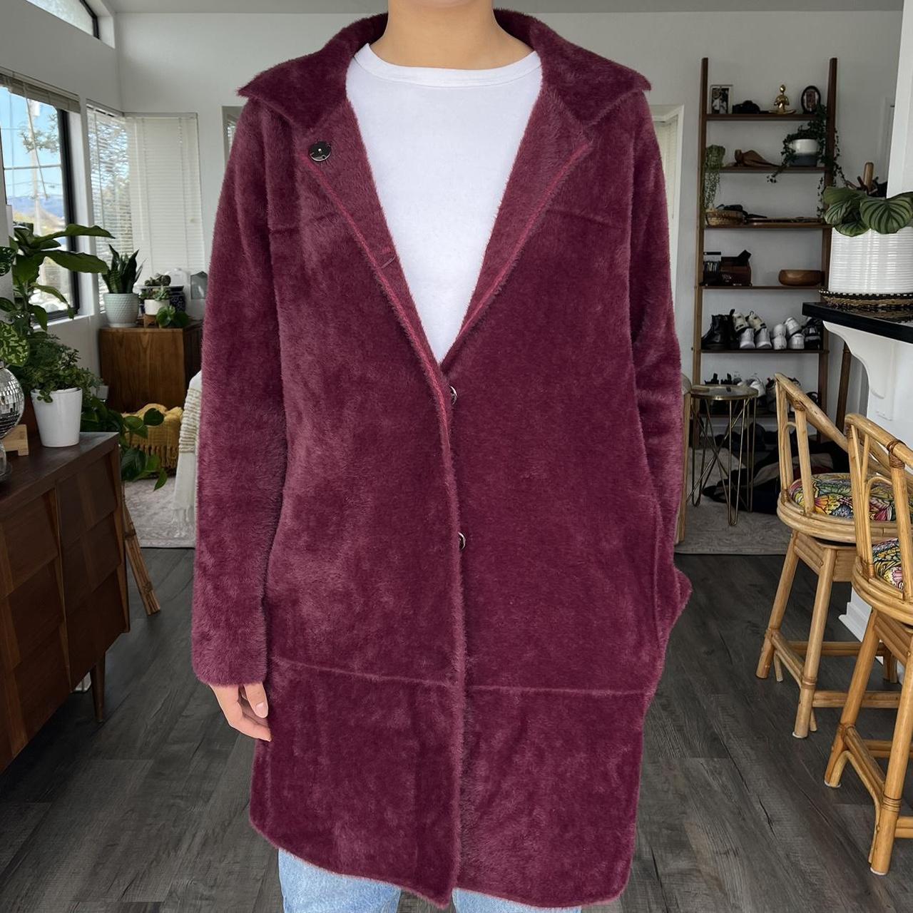 Long Burgundy Fuzzy Button Up Cardigan with Pockets... - Depop