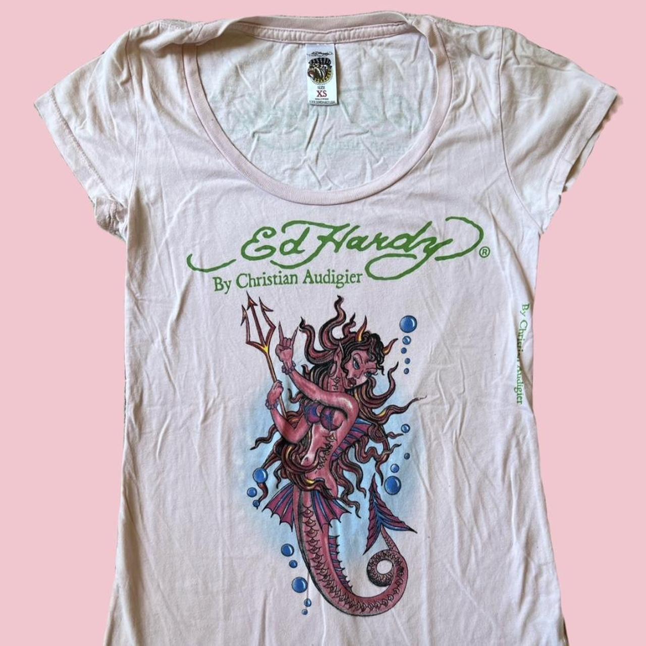 pink short sleeve devil mermaid ed hardy shirt great... - Depop