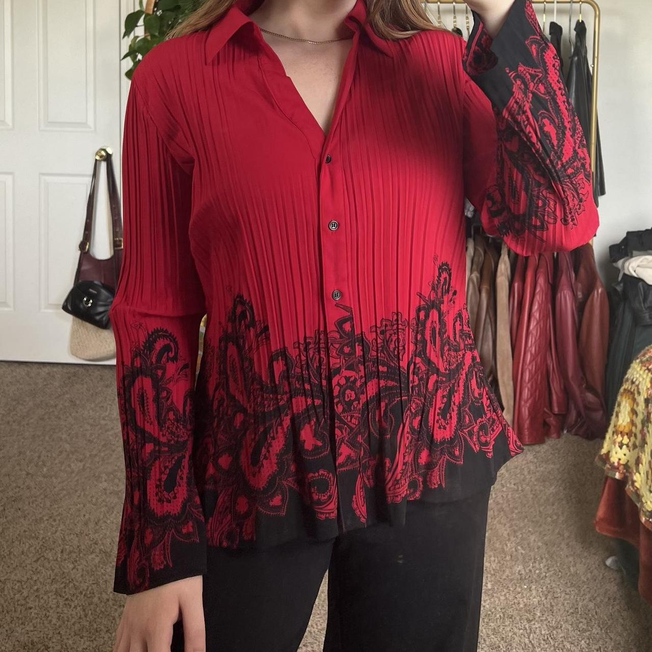 Red and black textured button up top. Has a black... - Depop