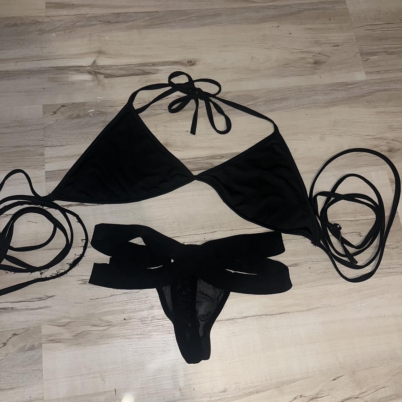 Black wrap top “microkini” bikini with thong bottom... | Depop