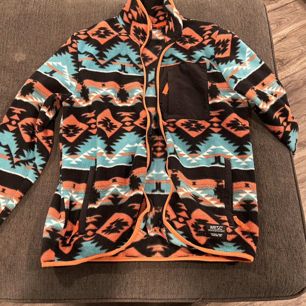 Orange and teal western pattern fleece - Depop
