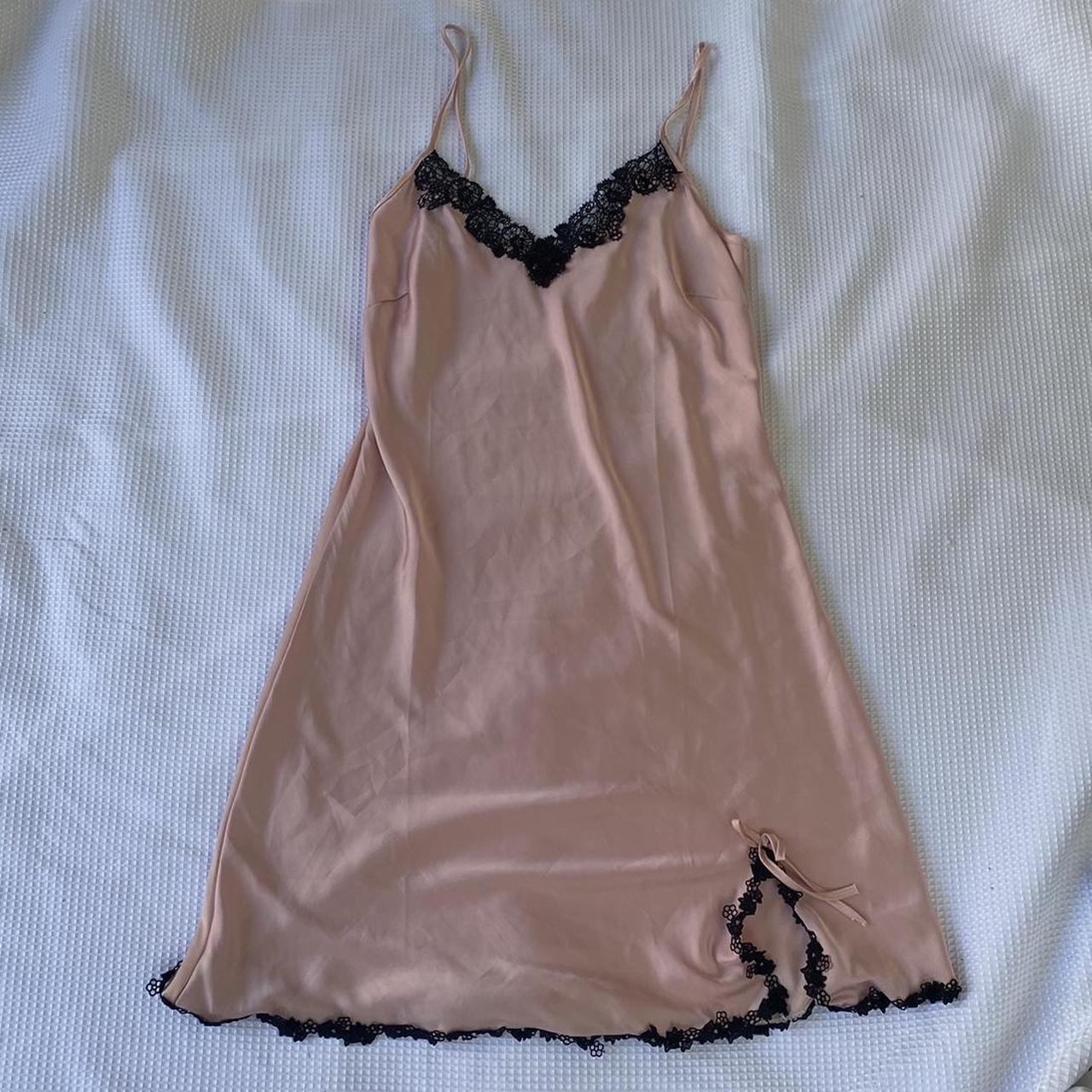 pink satin / silk slip dress with black lace trim,... - Depop