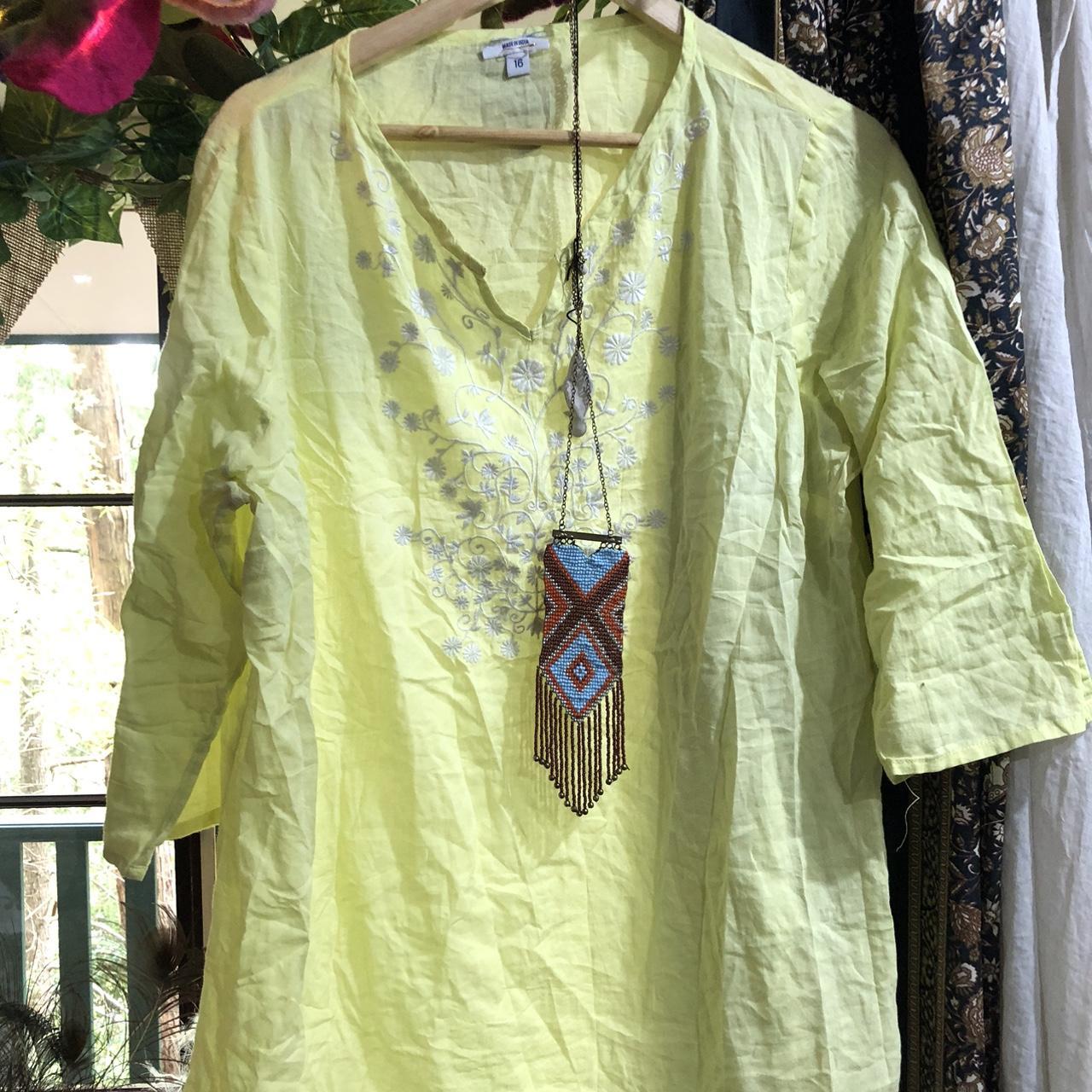 Lemon coloured cotton kaftan with white embroidery... - Depop