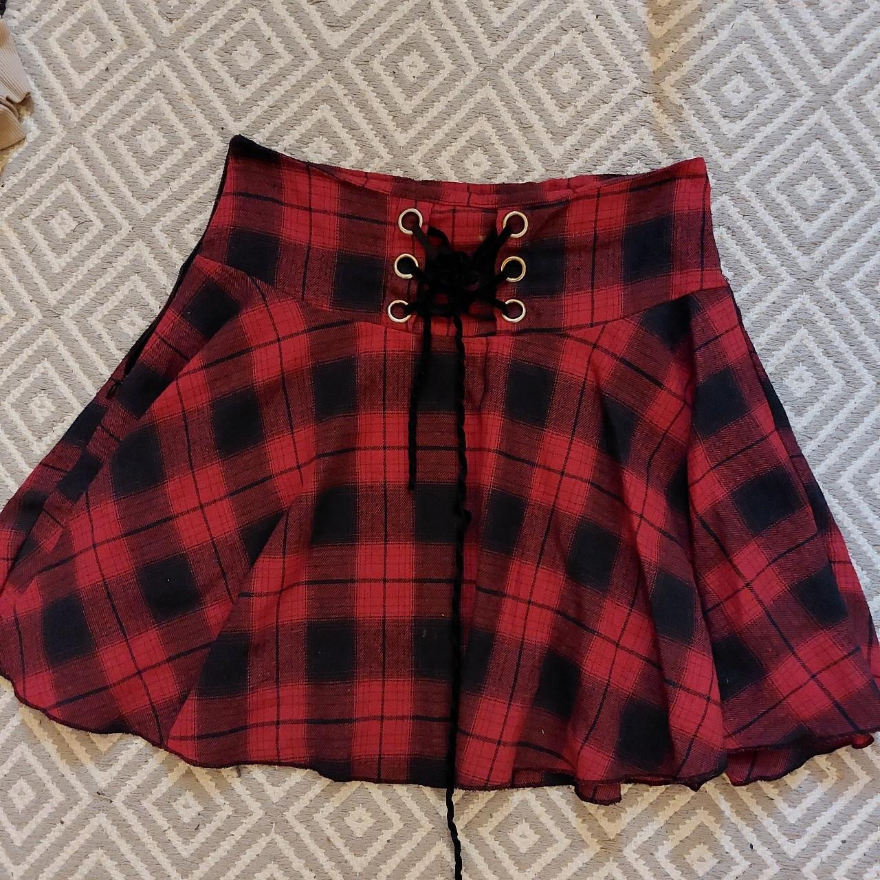 Red and black checkered/plaid skirt Velvet strings... - Depop