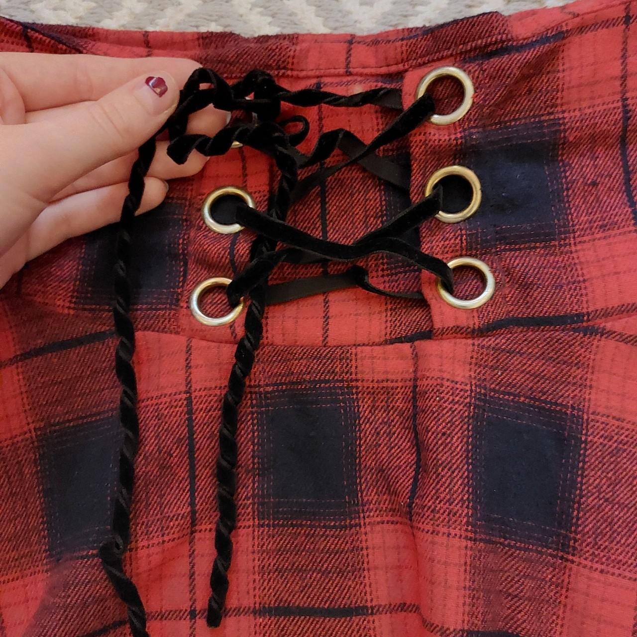 Red and black checkered/plaid skirt Velvet strings... - Depop