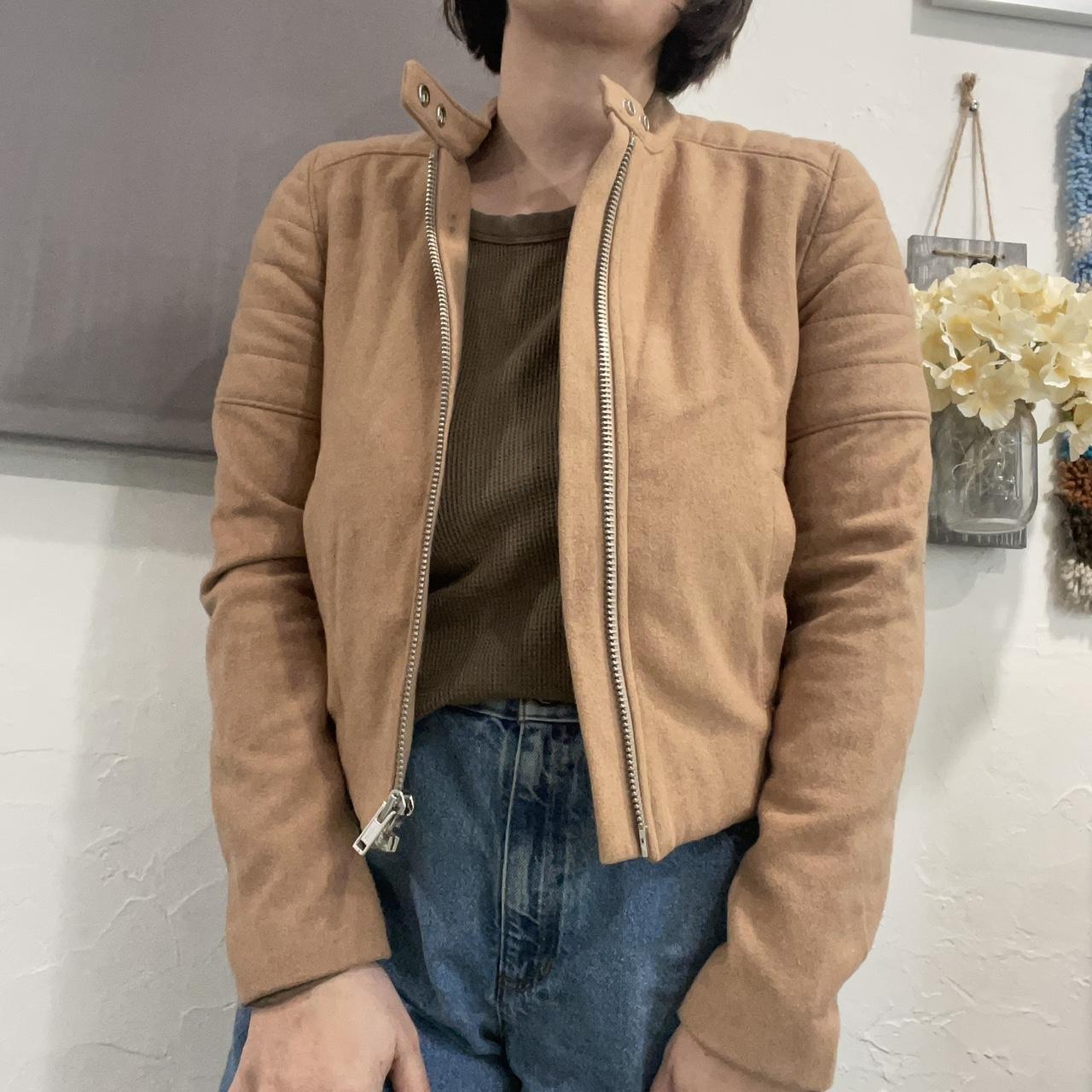 Tan moto-style wool blend cropped jacket from... | Depop