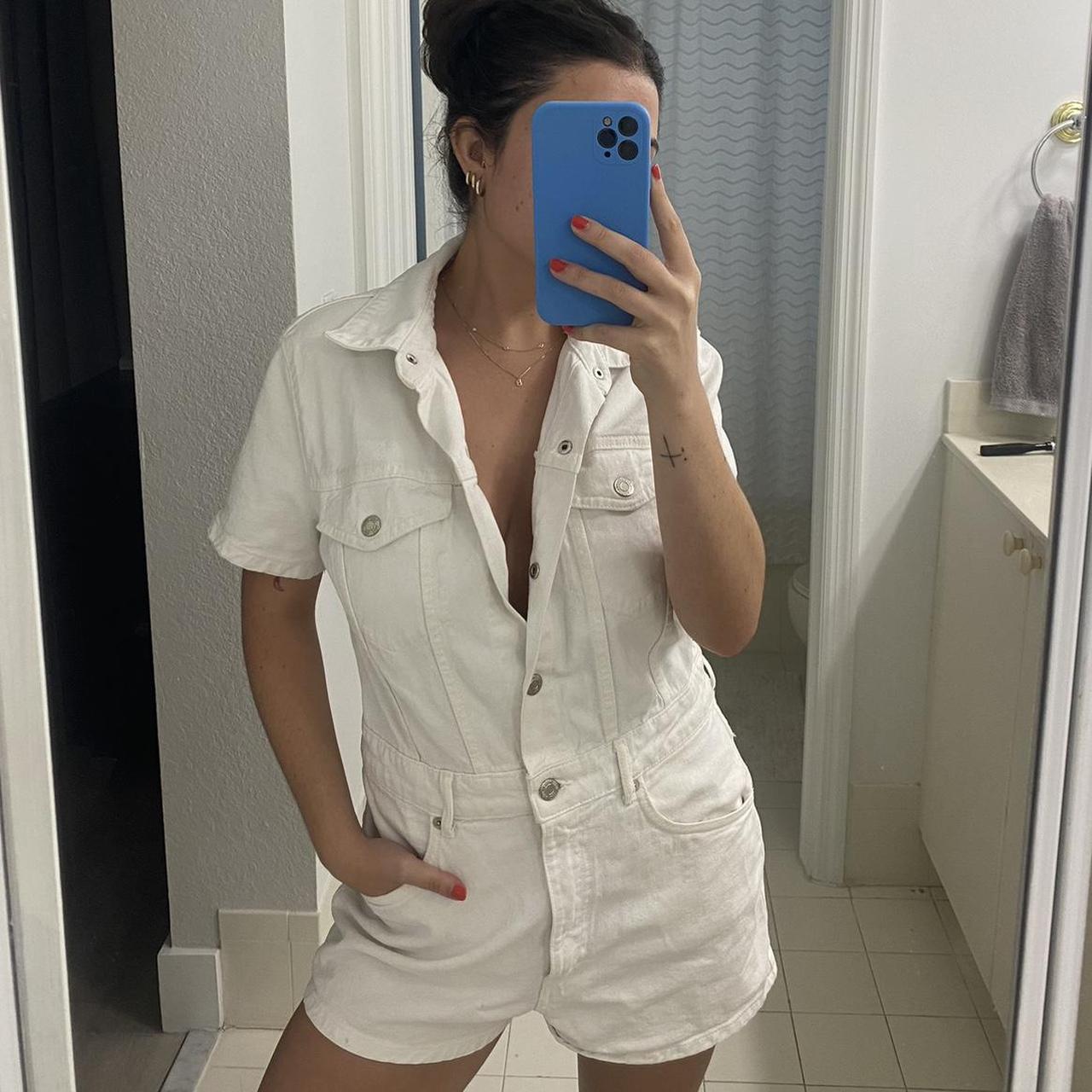 Zara white denim button up romper. very good thick... - Depop