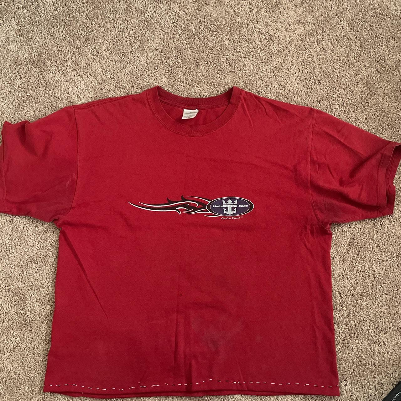 Reworked 90s/00s boxy fit, faded red tribal Tshirt... - Depop