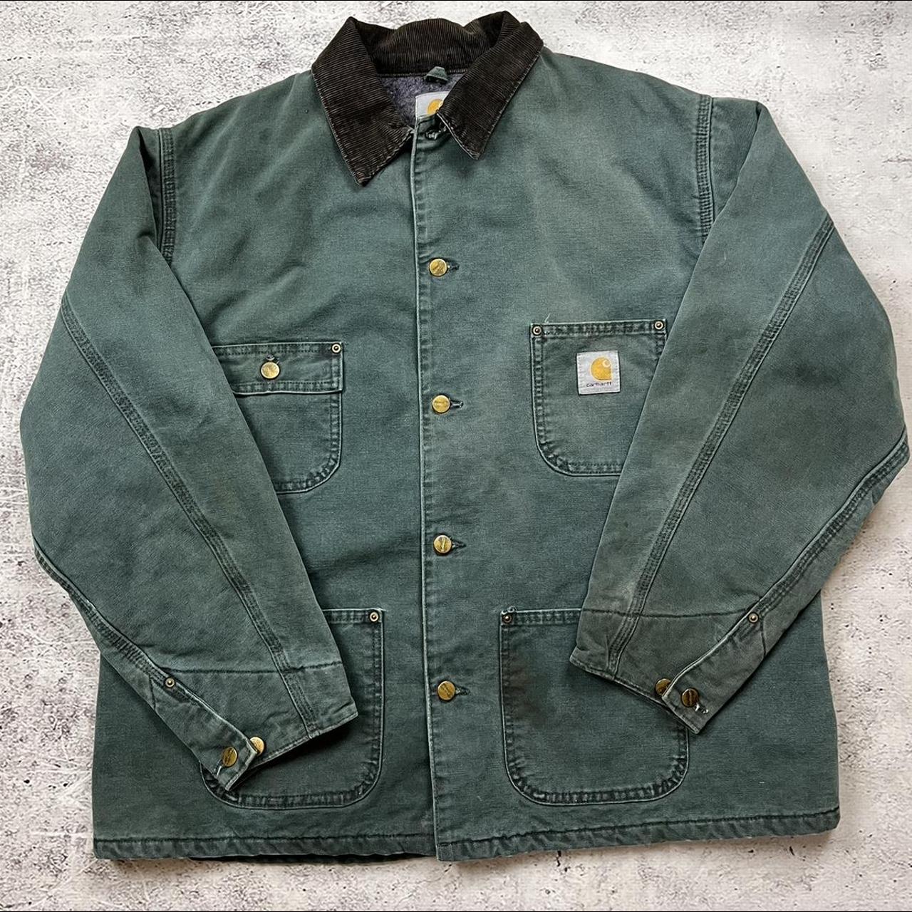 1980’s Green Carhartt Chore Jacket Size XL Blanket... - Depop