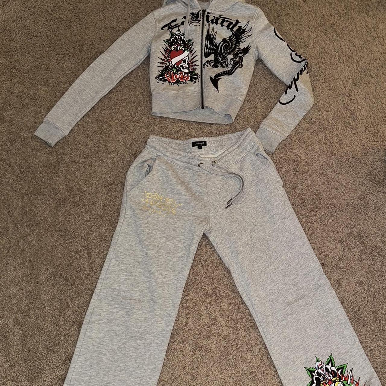Ed Hardy hoodie & pant set in grey never worn. Pants... - Depop