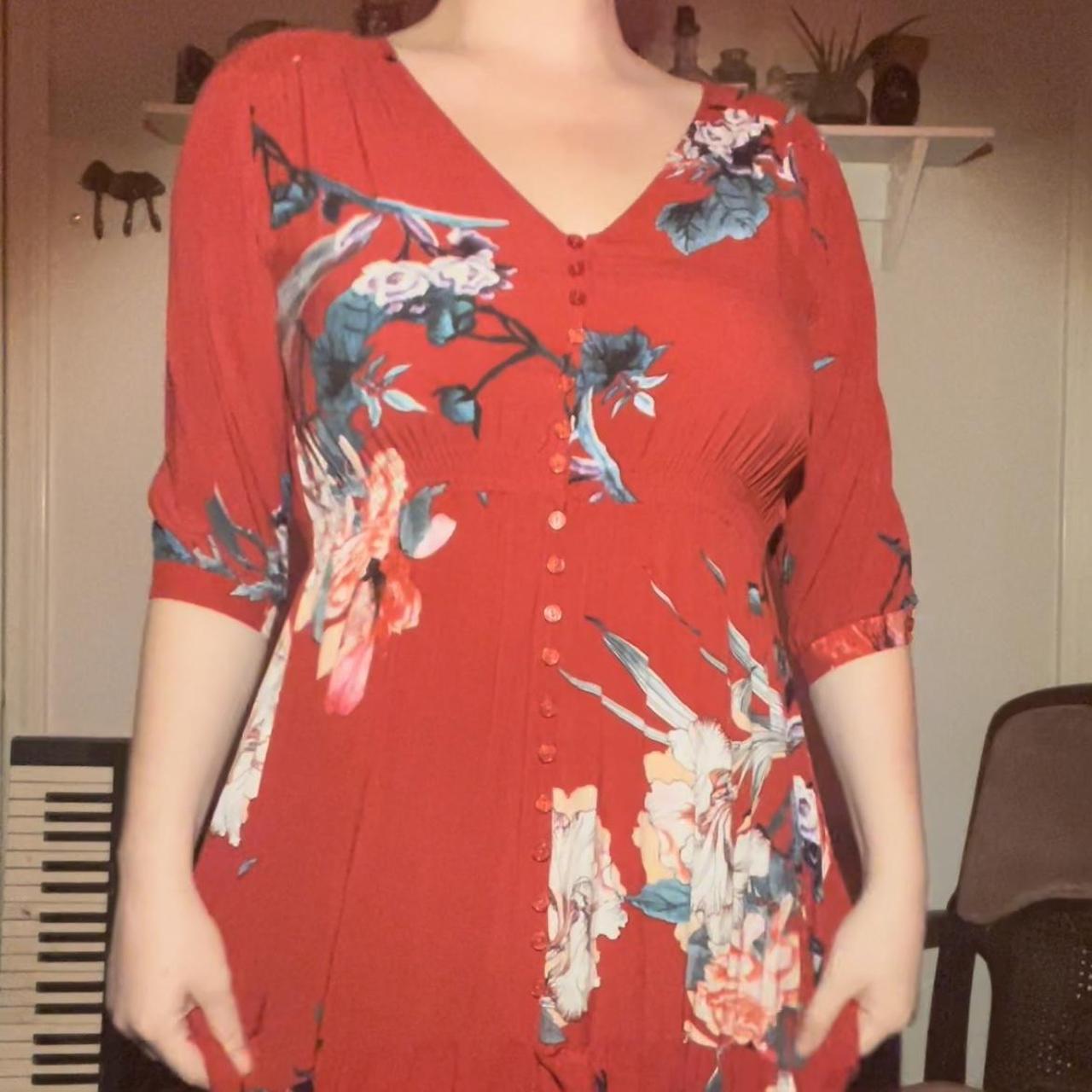 Bright Red L Maxi Dress Size with hawaiian floral... - Depop