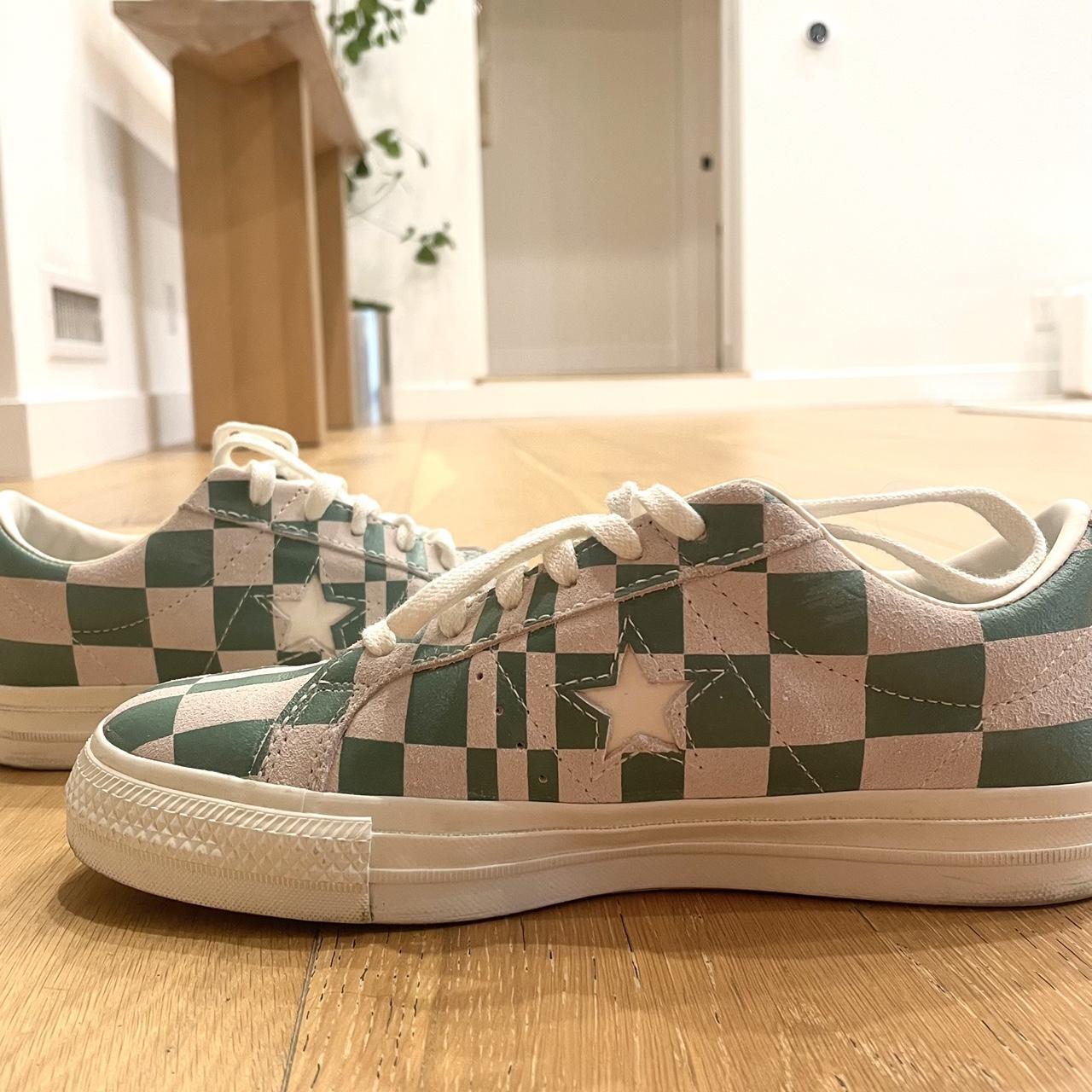 Green and white checker Converse sneakers. Women’s... - Depop