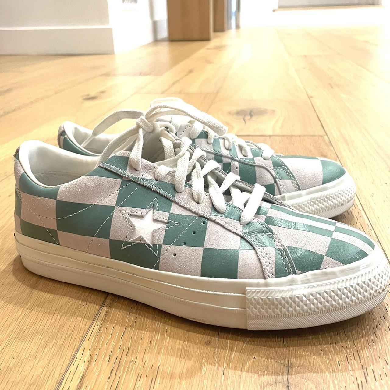 Green and white checker Converse sneakers. Women’s... - Depop