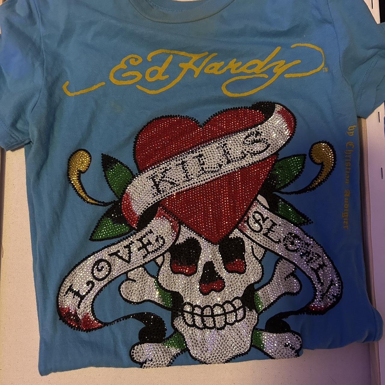 Long bedazzled blue Ed Hardy shirt for women I had... - Depop