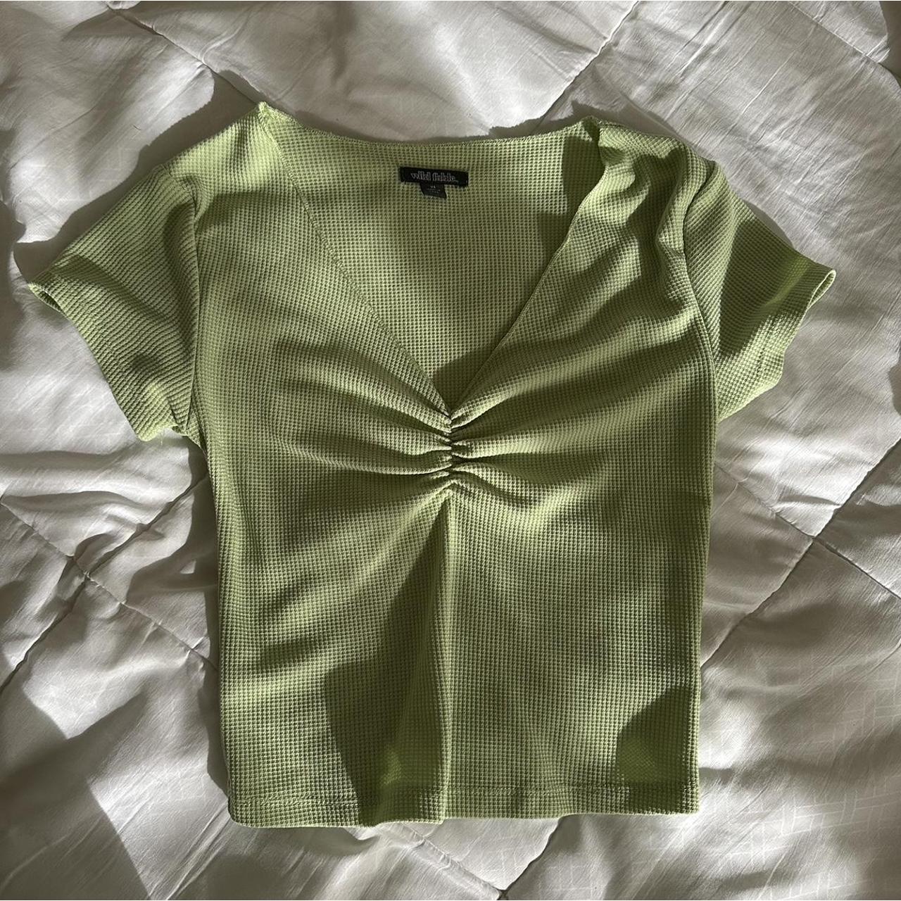 Light green v neck rouched top Size XS also fits... - Depop