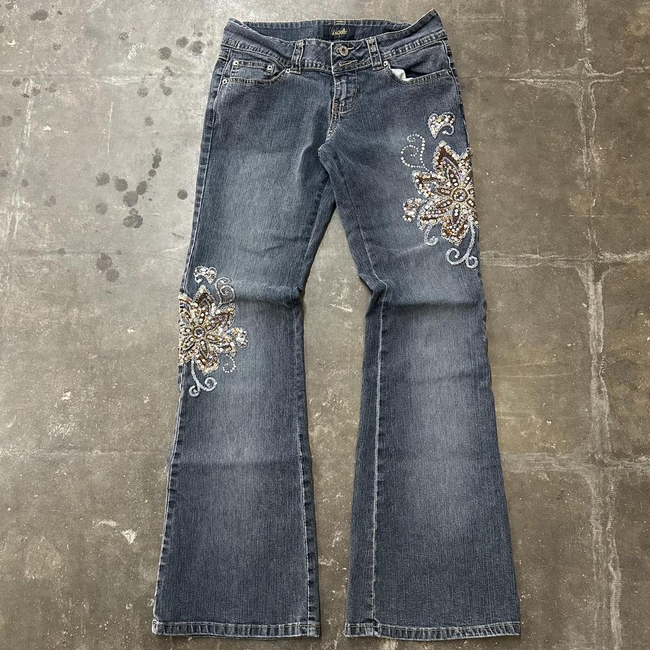 Vintage Y2K bling dark washed bedazzled angels low... | Depop