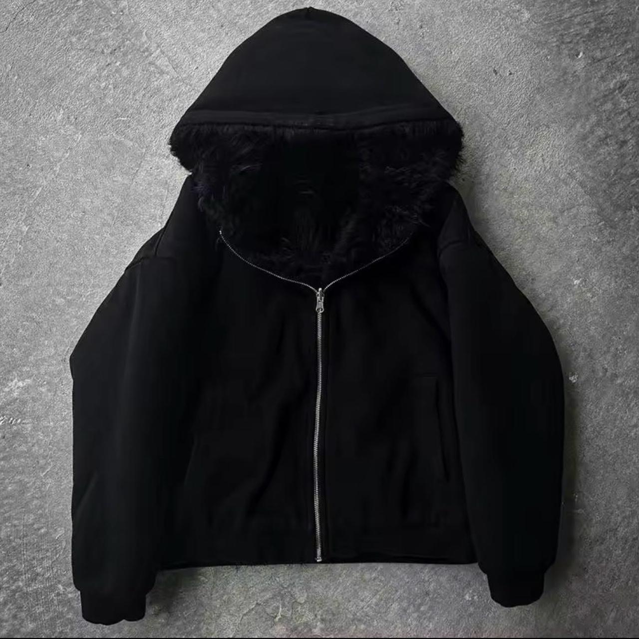 Black hooded reversible zip-up jacket with faux fur... - Depop