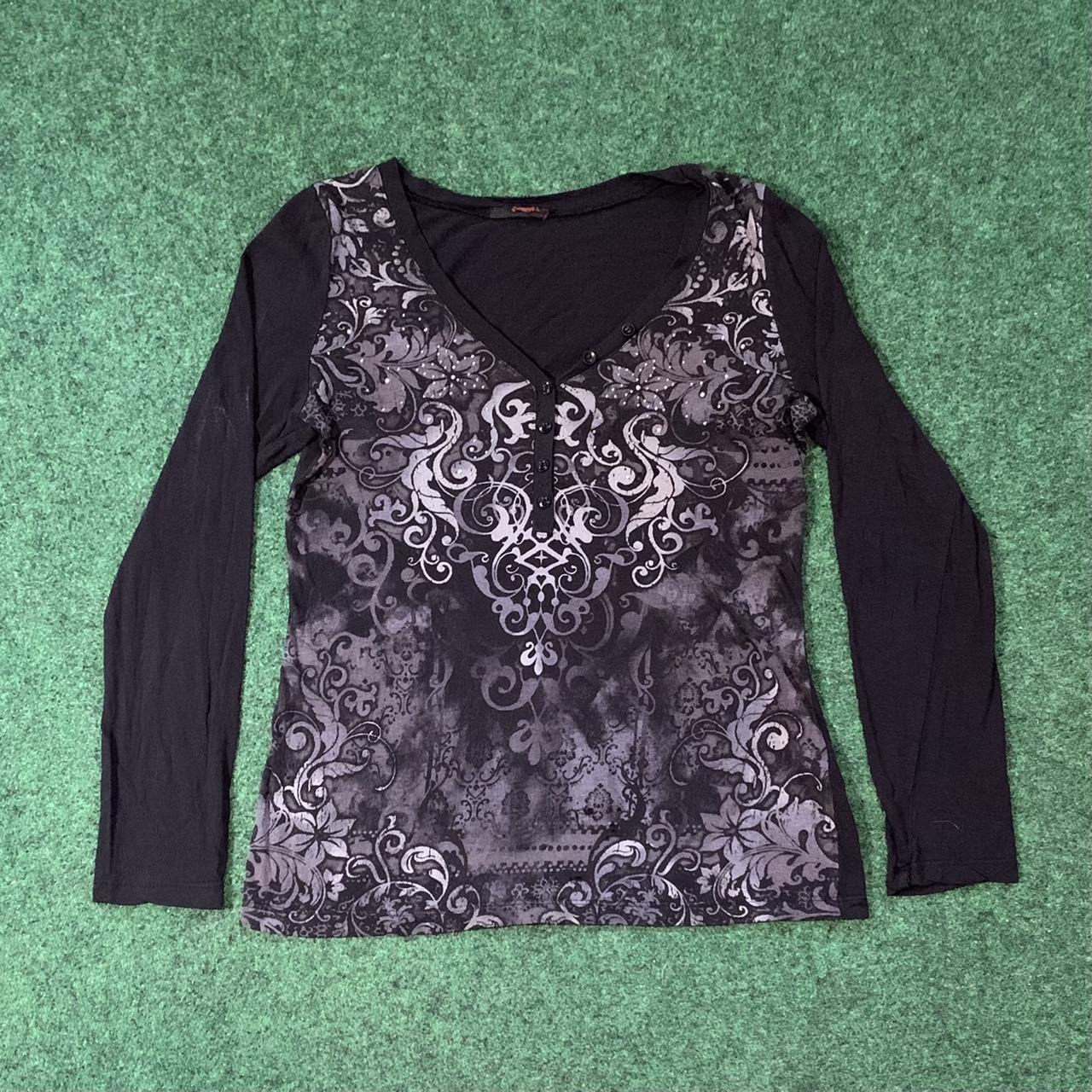 Mall Goth Cyber Y2K Grunge Rhinestone Long Sleeve T... - Depop