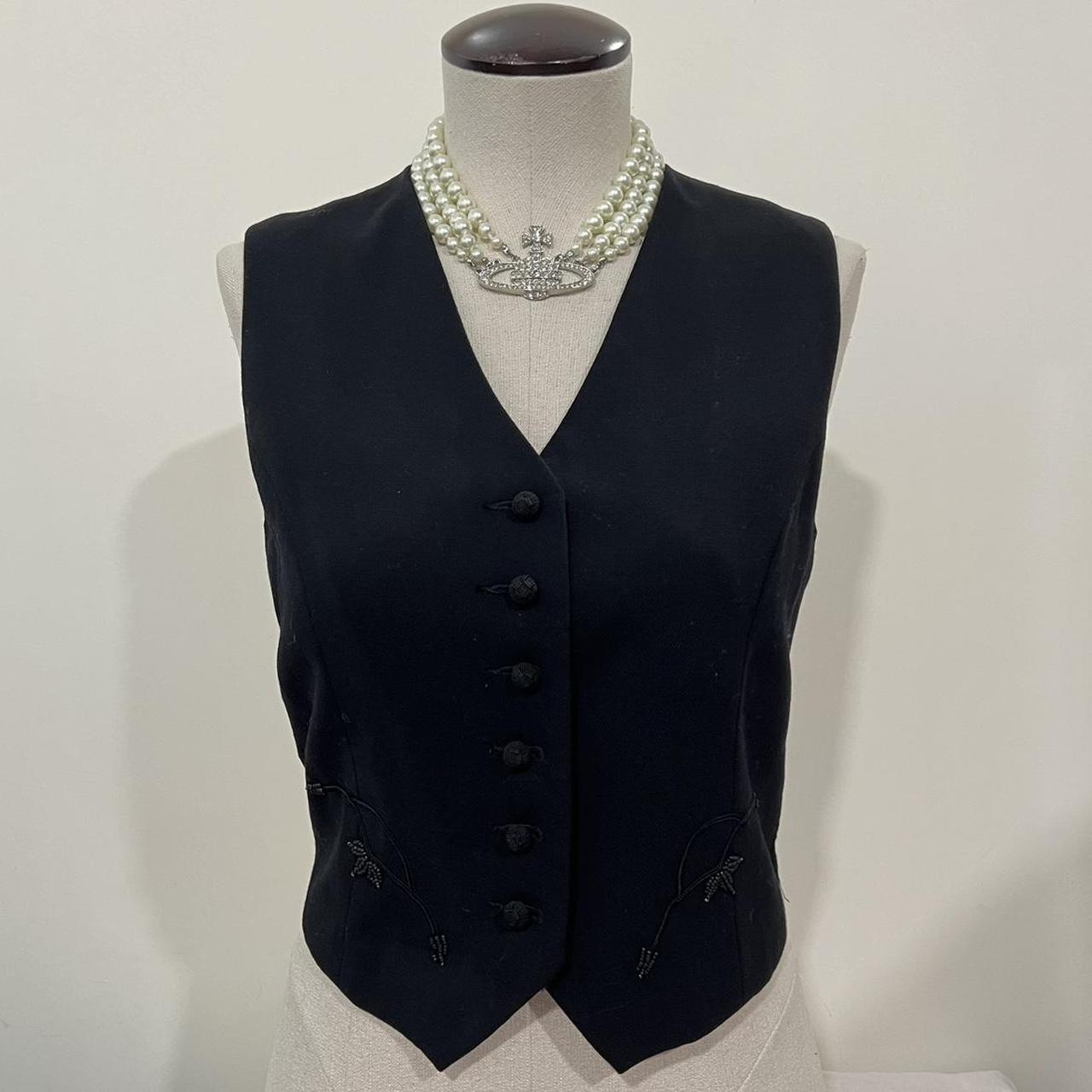 Vintage Black embroidered vest with detail buttons... - Depop