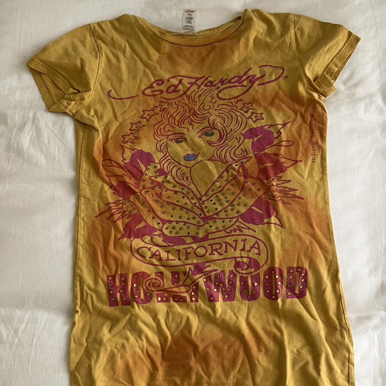Ed Hardy Women's Yellow and Pink T-shirt | Depop