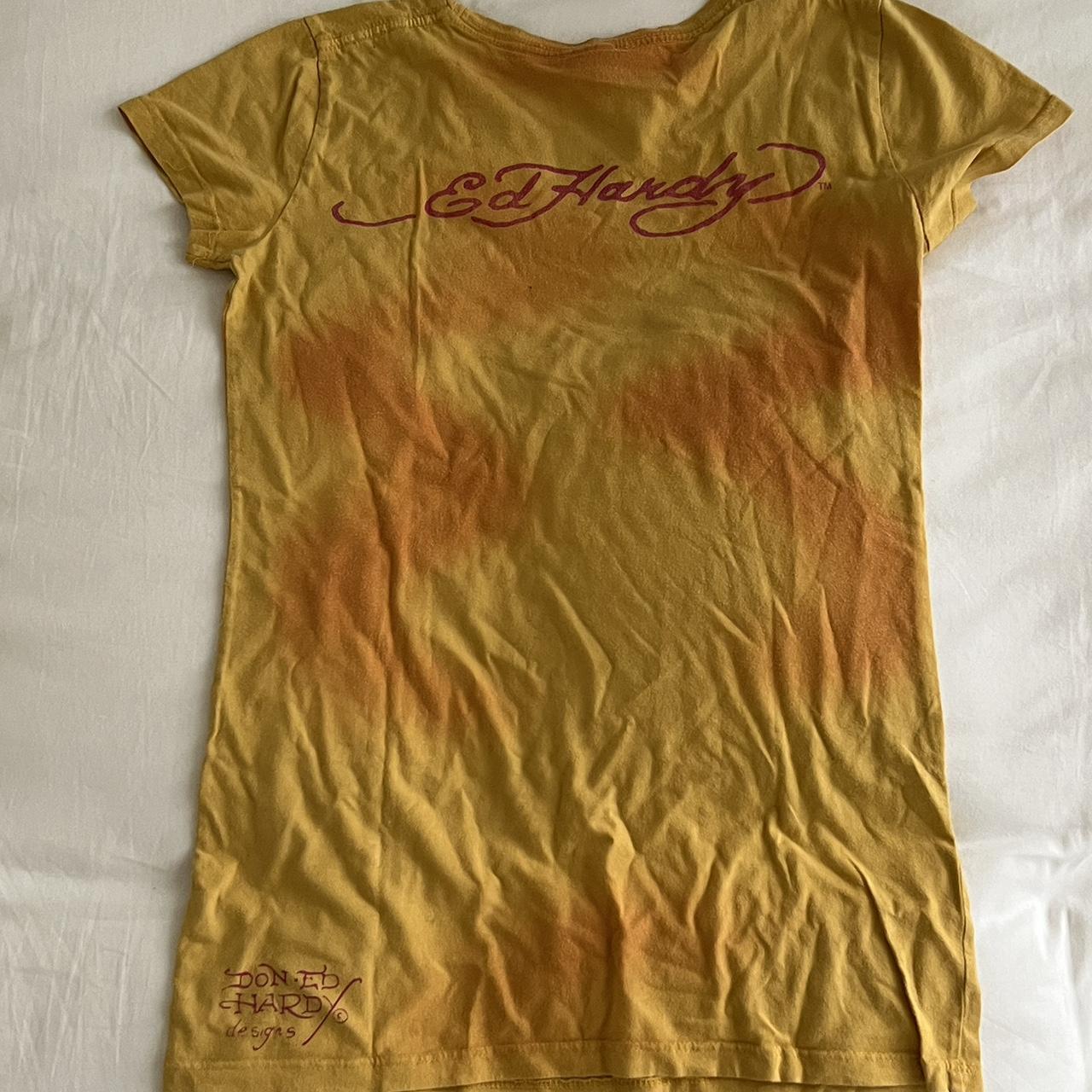 Ed Hardy Women's Yellow and Pink T-shirt | Depop