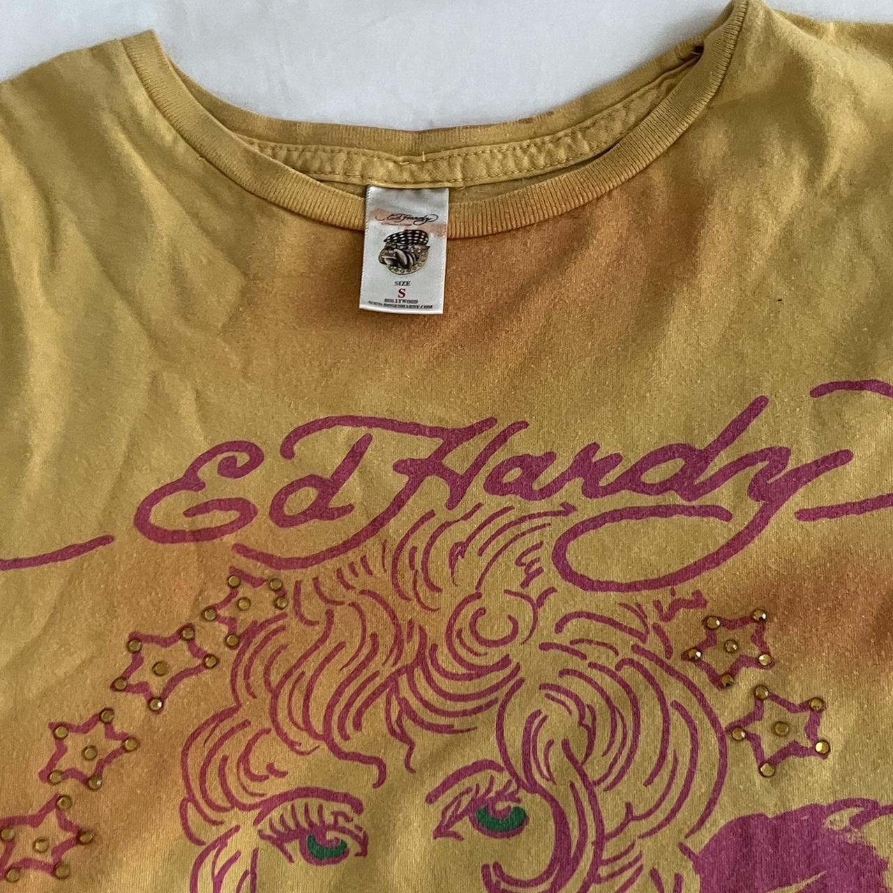 Ed Hardy Women's Yellow and Pink T-shirt | Depop