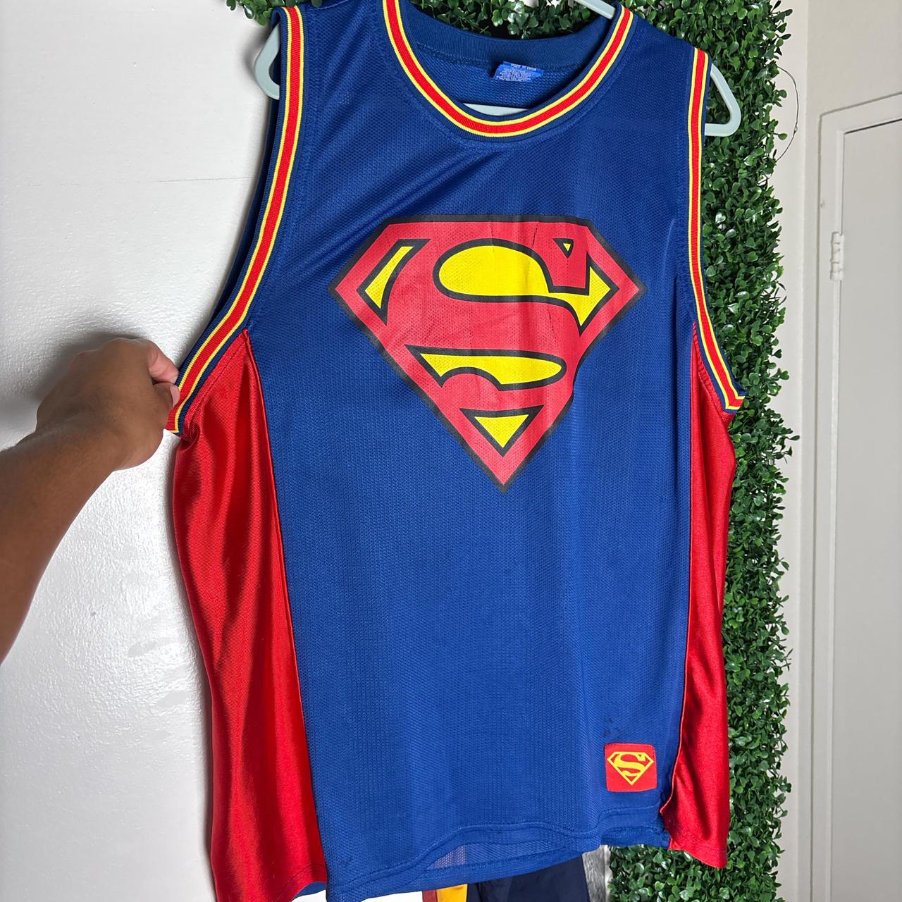 Blue and red Superman basketball jersey slight... - Depop