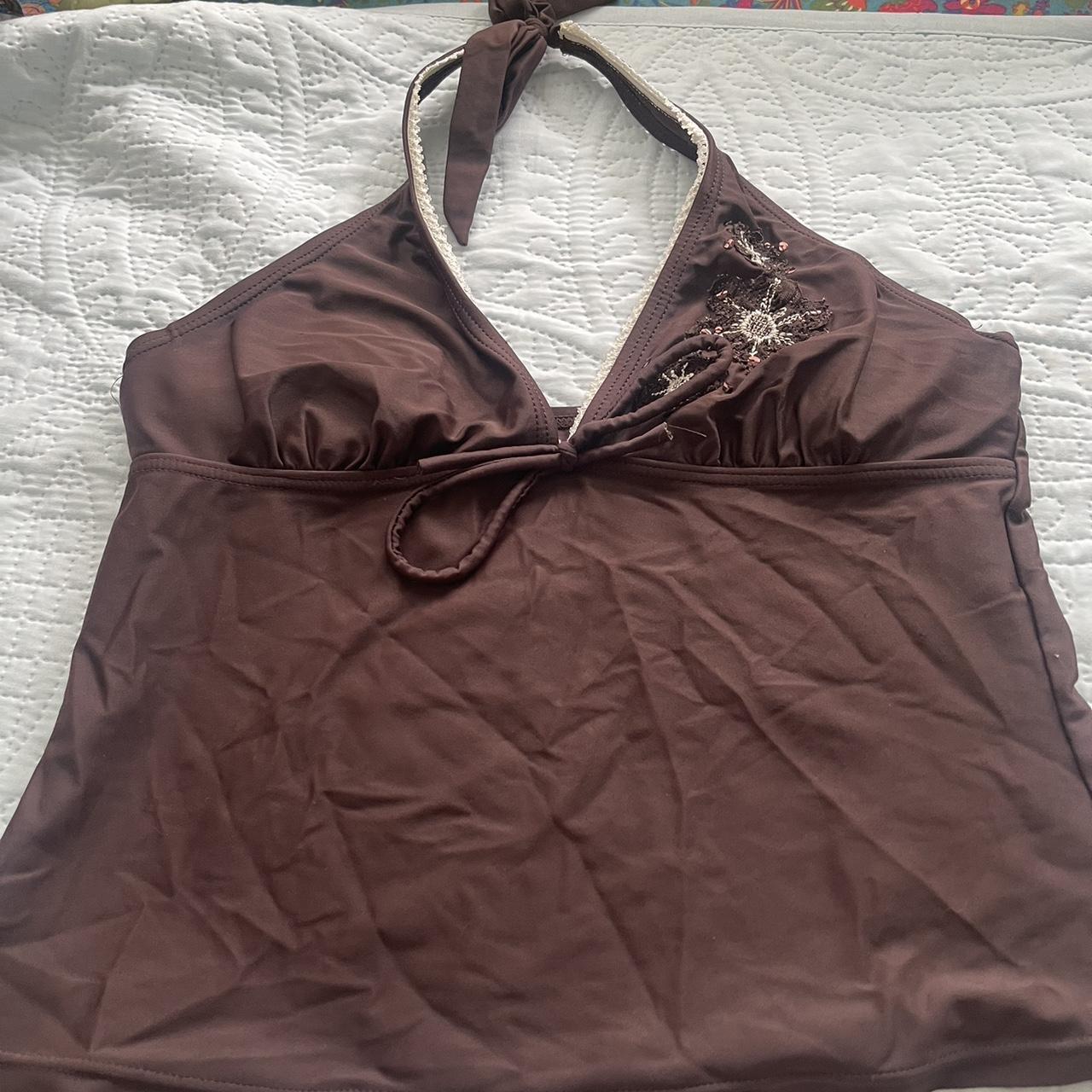 brown tankini halter swimsuit top y2k 2000s no tag... - Depop