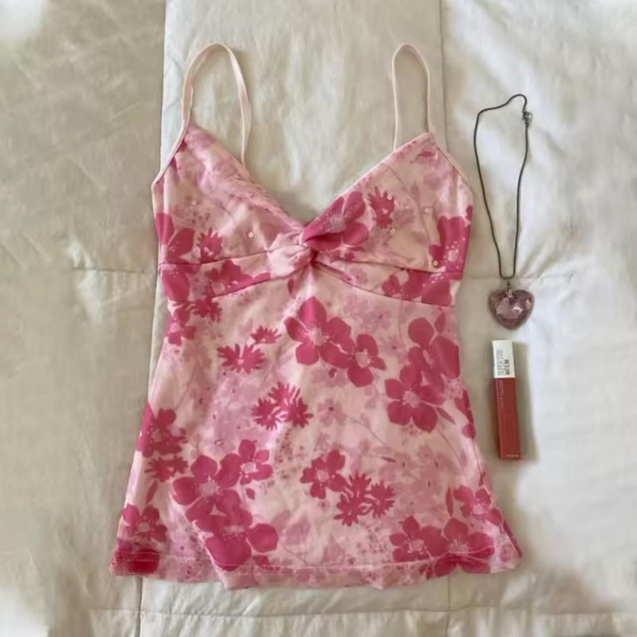 Pink floral mini topwith a cute bow detail y2k... | Depop