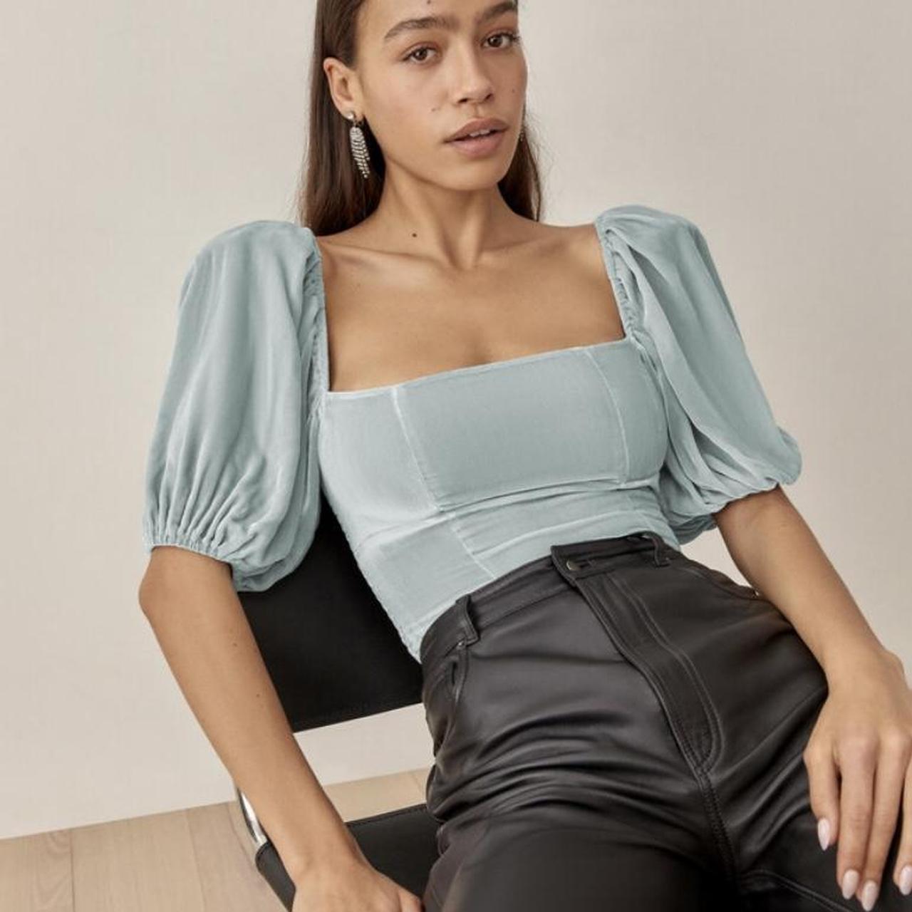 Reformation Blue Luka Velvet top, never worn and in... - Depop