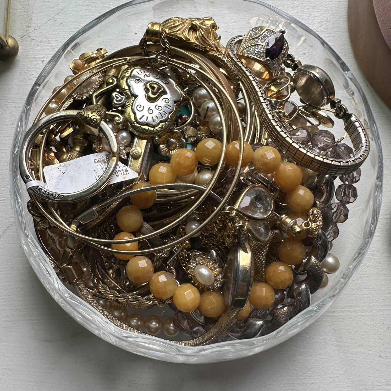 Cute vintage gold tone jewelry jar⭐️has earrings,... | Depop