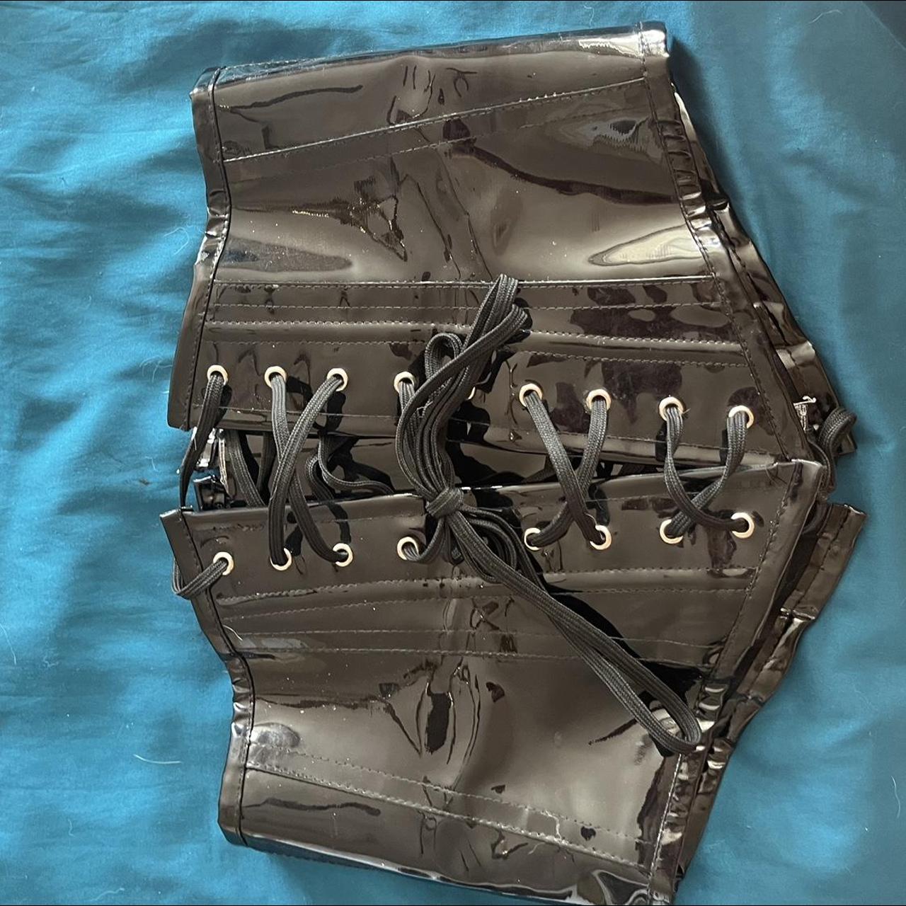 black pvc corset with zip up front and lace up... - Depop