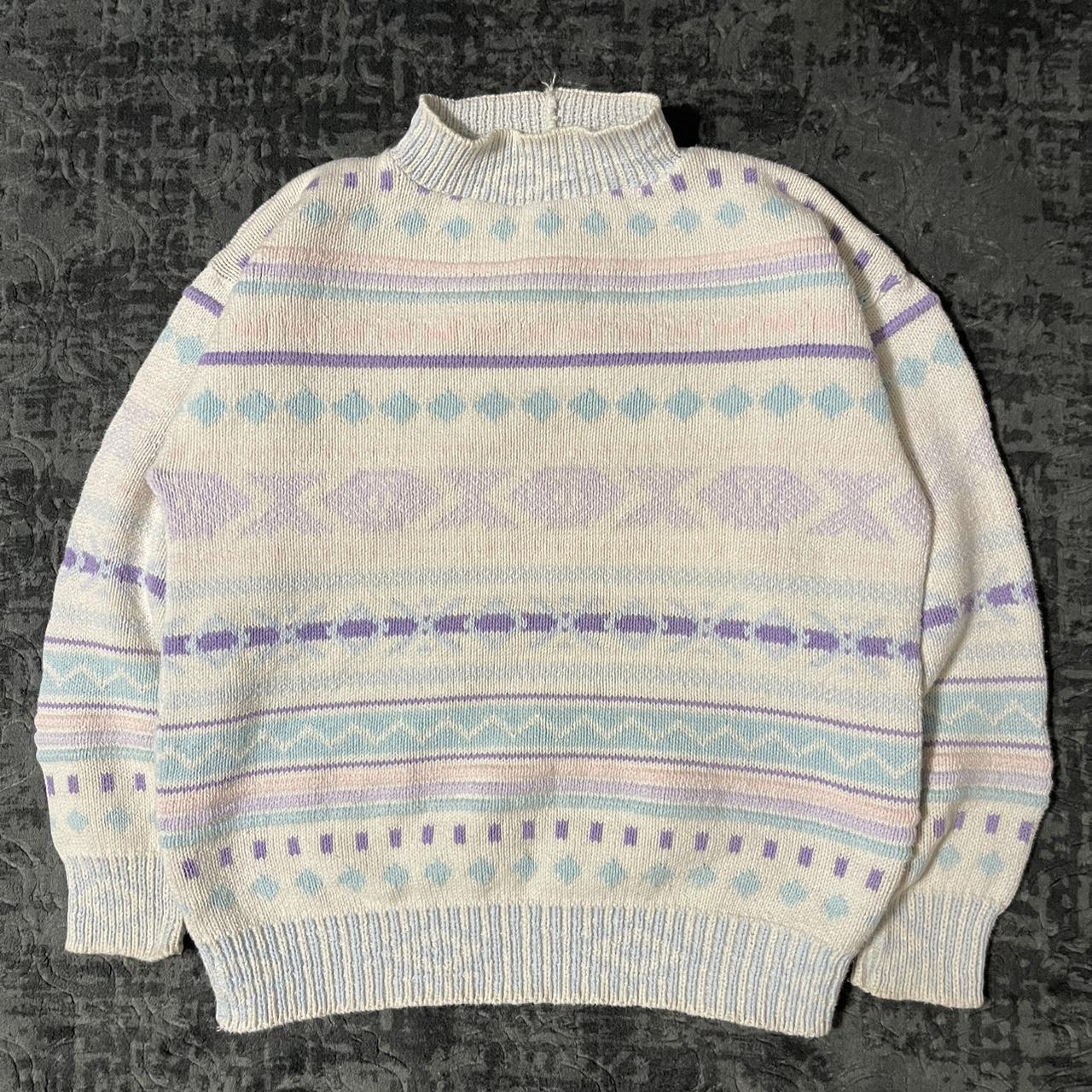 Cream and purple vintage 90s Aztec pattern sweater... | Depop