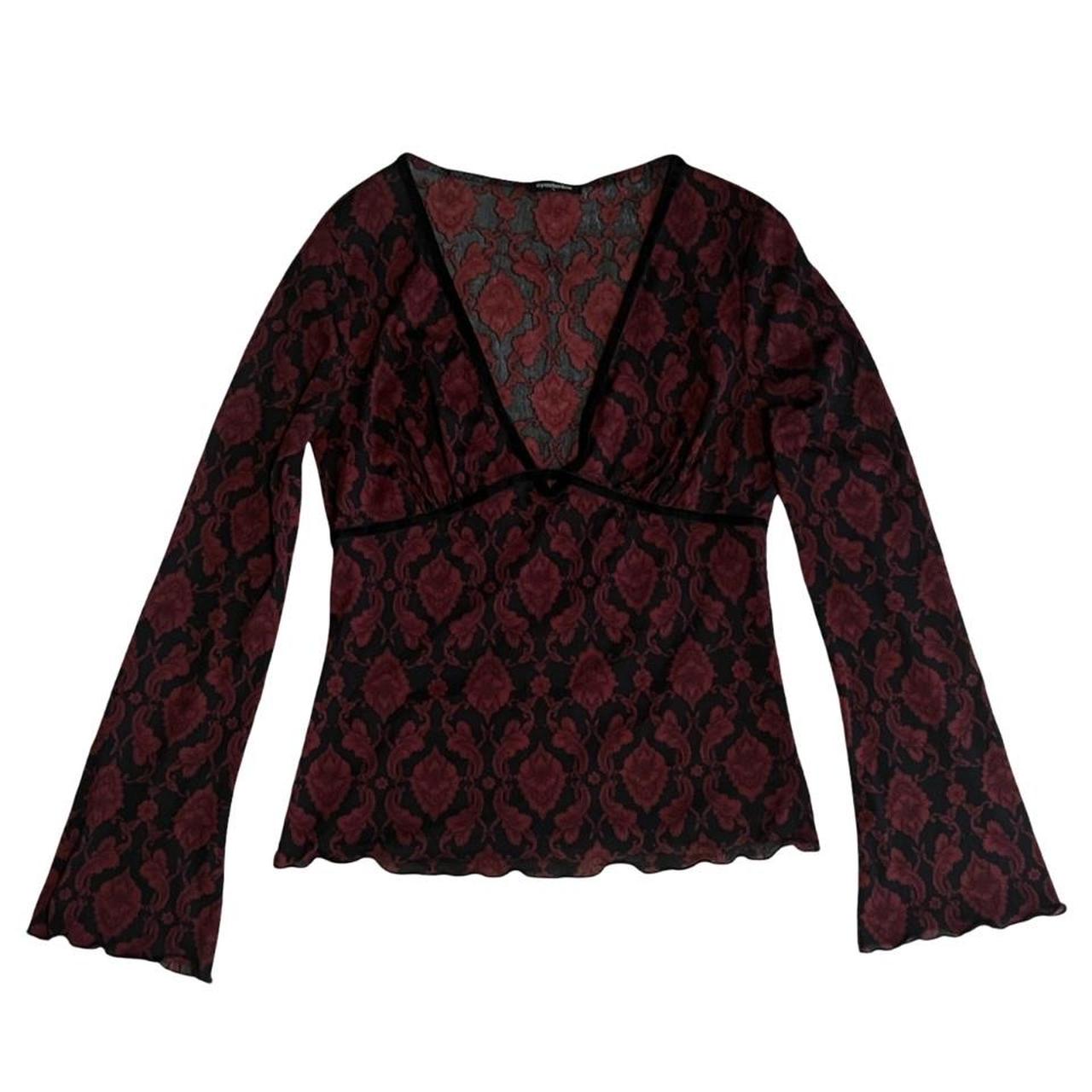 whimsigoth burgundy and black lace pattern mesh long... | Depop
