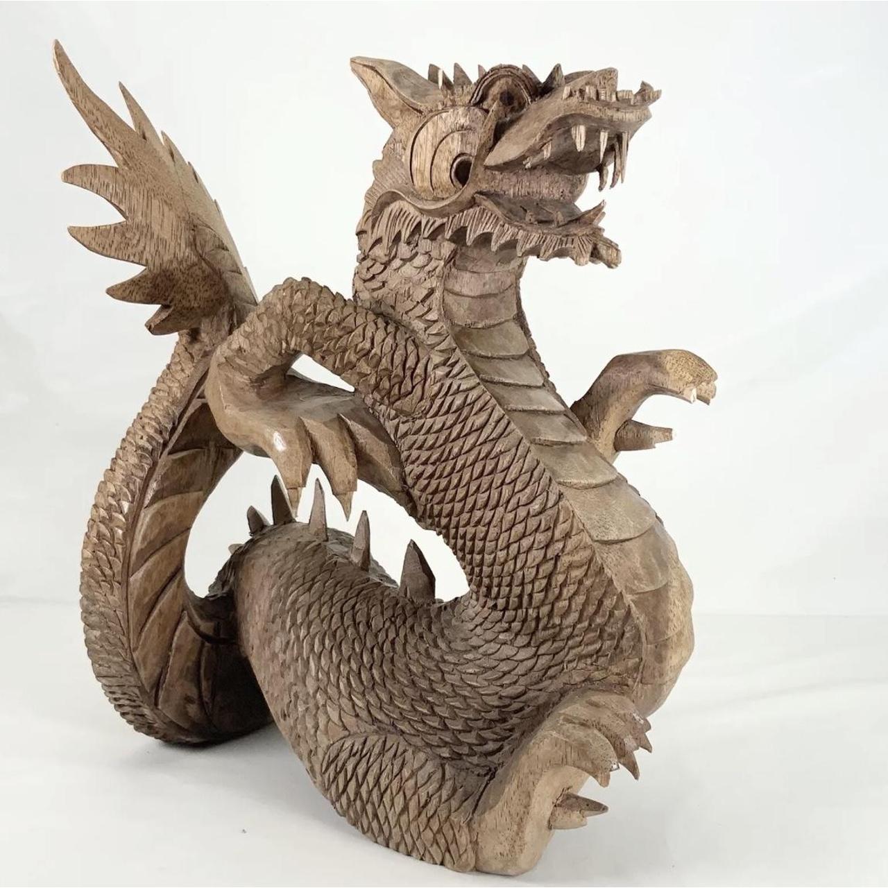 Hand Carved Wooden Large Dragon Figure... - Depop