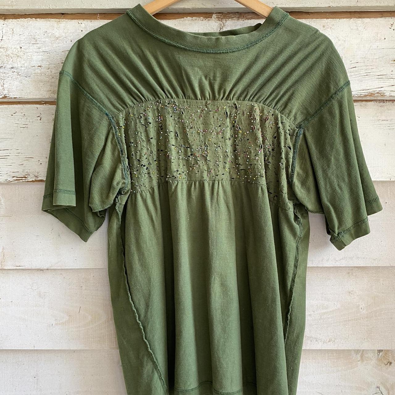 Beaded repurposed t-shirt, boxy fit with cinched in... - Depop