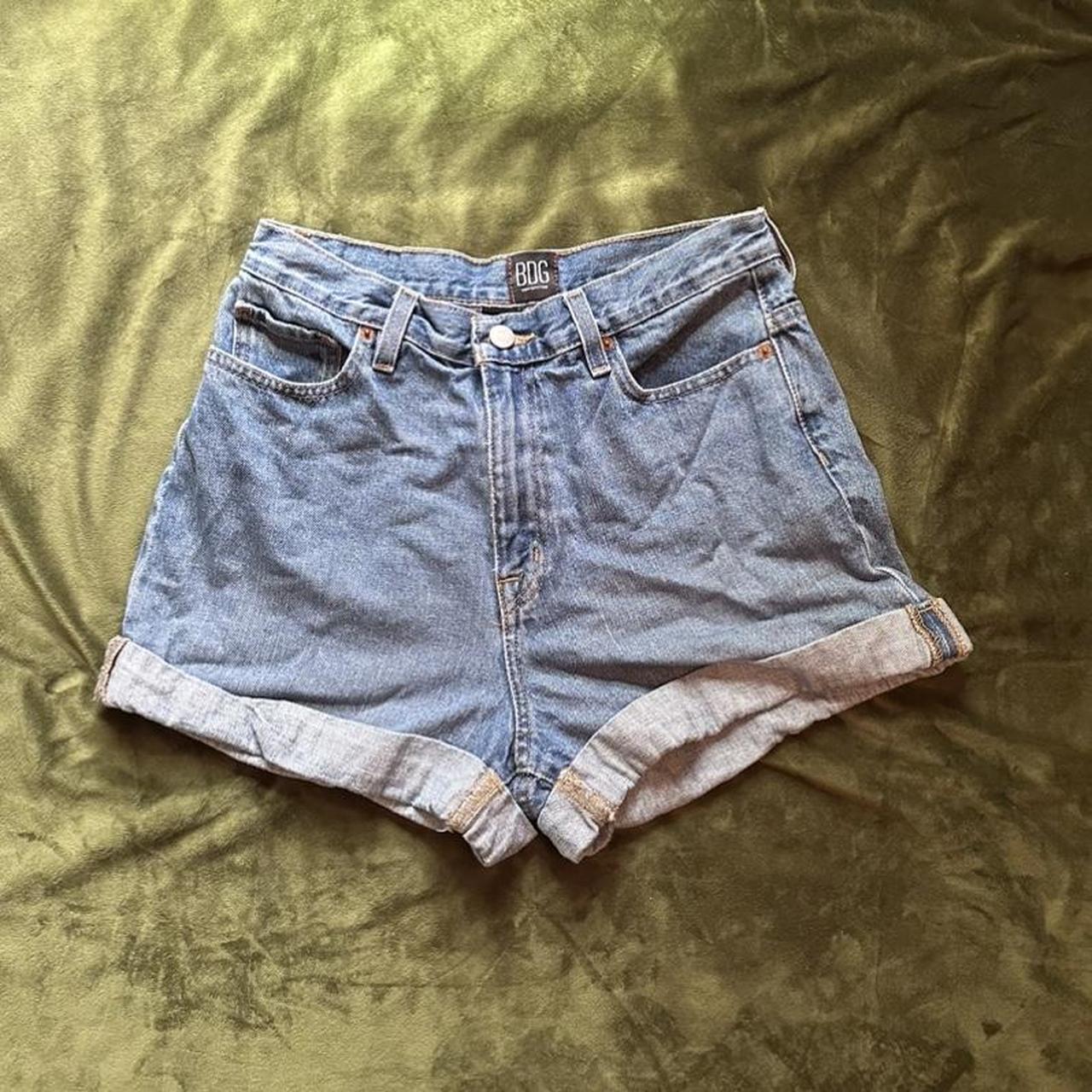 bdg high rise mom denim shorts medium wash size:... - Depop