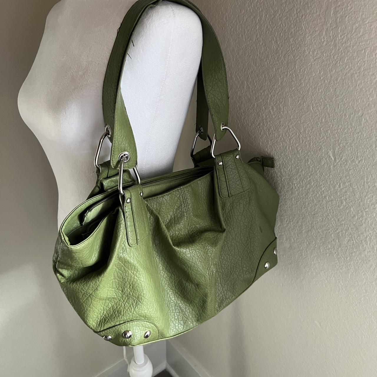green y2k leather with silver hardware handbag with... - Depop