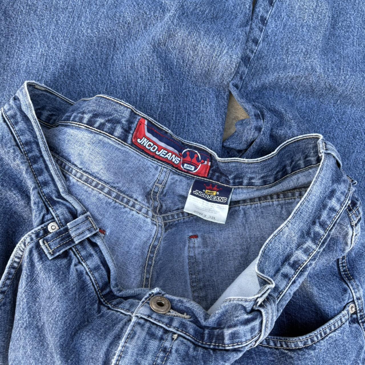 Baggy JNCO jeans with embroidered back pocket, blue... | Depop