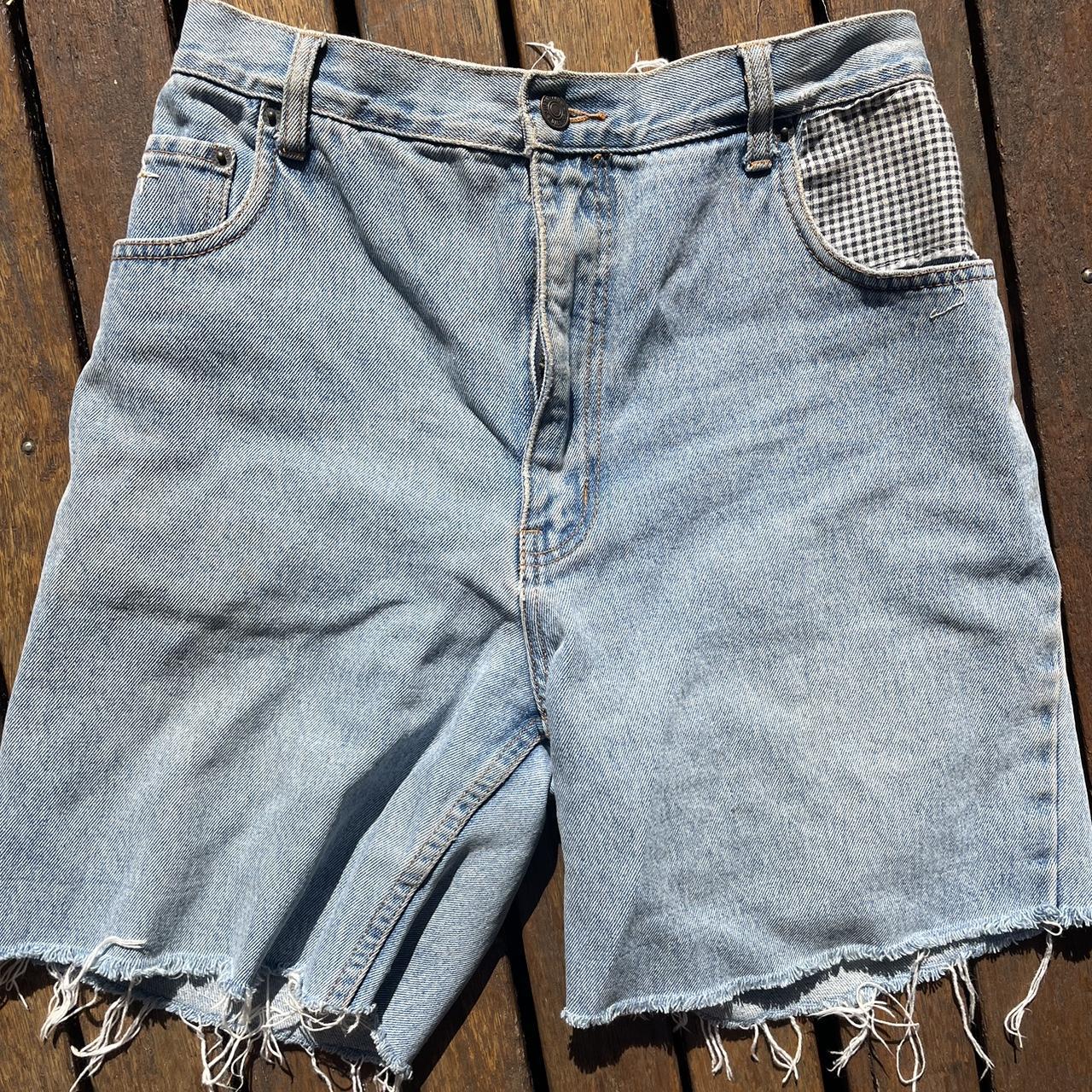 Patch work denim shorts size 10:) - Depop