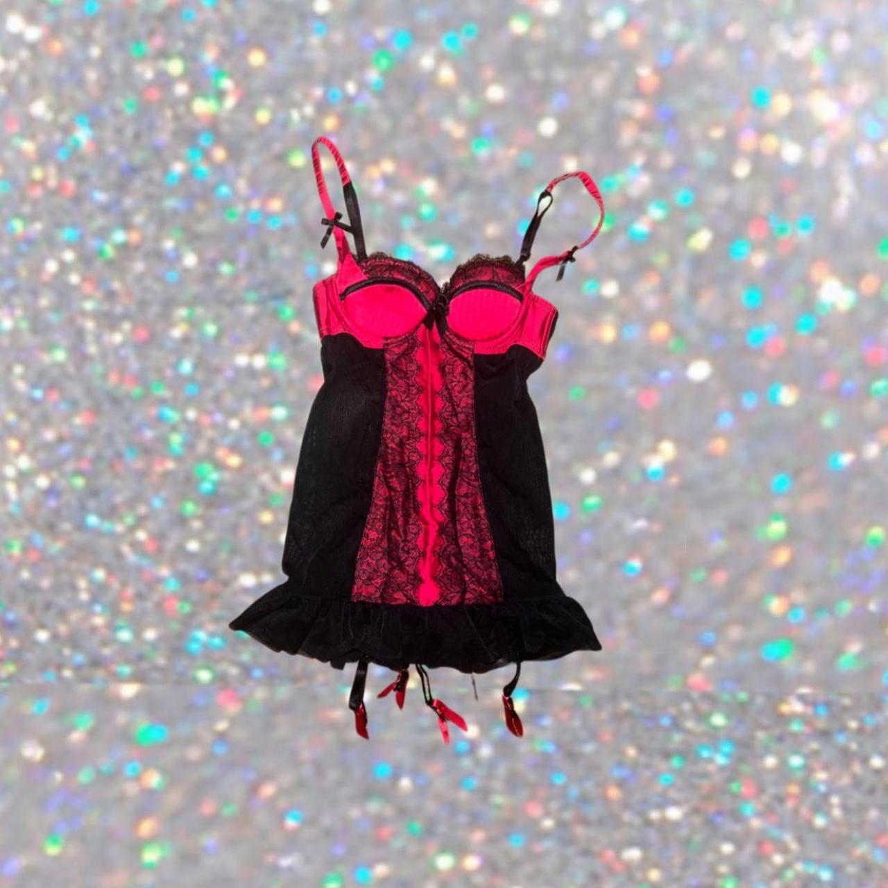 Red and black Mesh corset basque with suspenders... - Depop