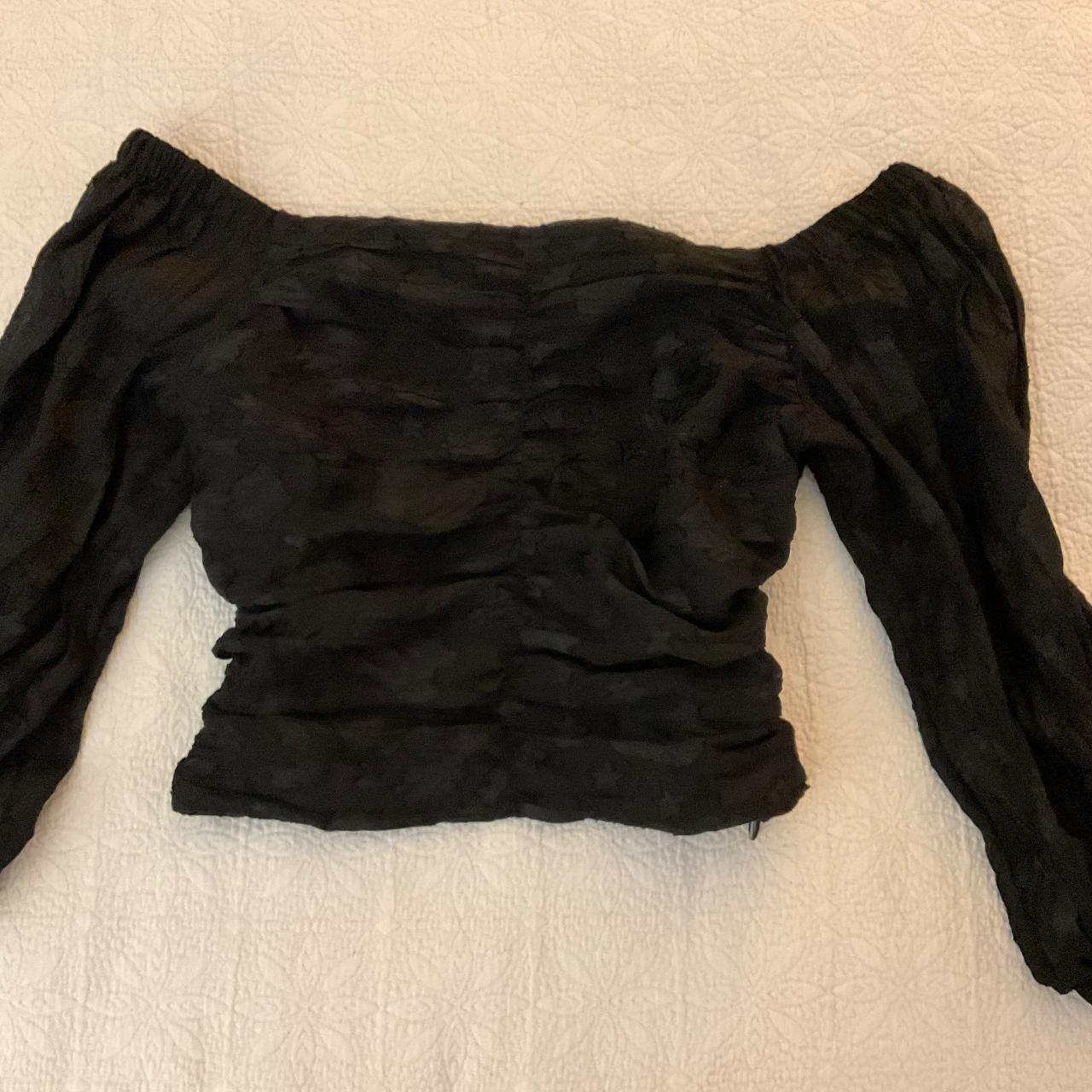 Top Shop Brand, Black ruffle shirt with flower designs - Depop