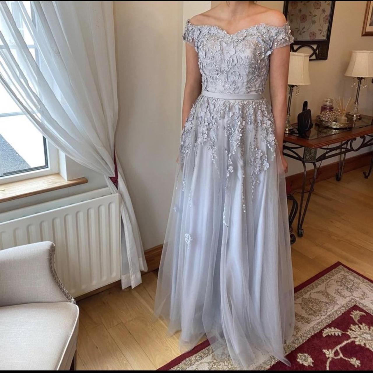 Grey formal dress, floral design with sequins.... - Depop