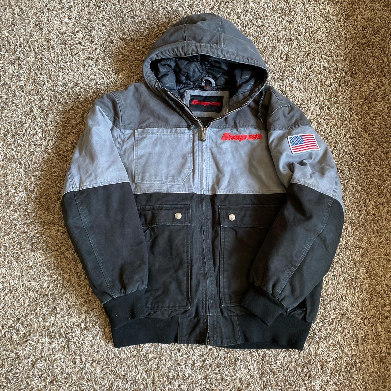 tricolor, canvas snap-on work jacket, in great... - Depop