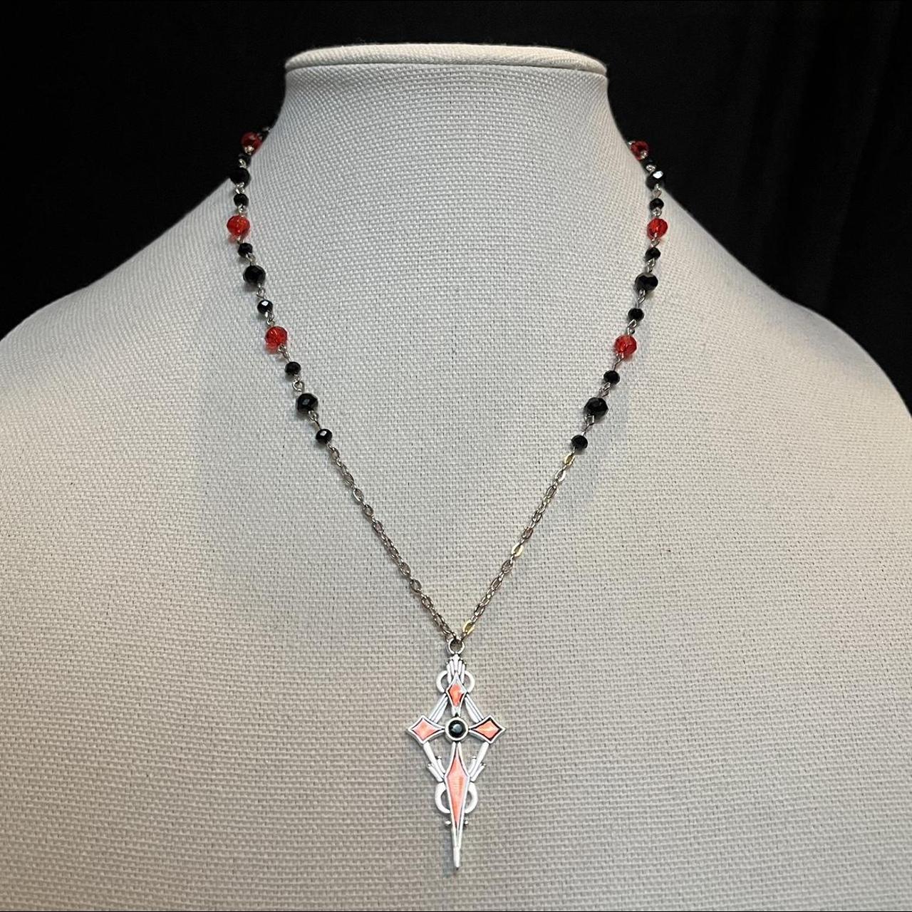 Red and Black Gothic Cross Necklace handmade by... - Depop