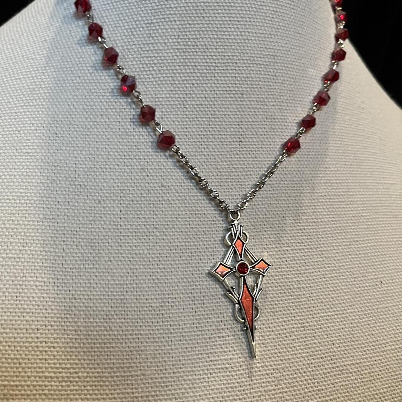 Red Gothic Cross Necklace handmade by yours truly... - Depop
